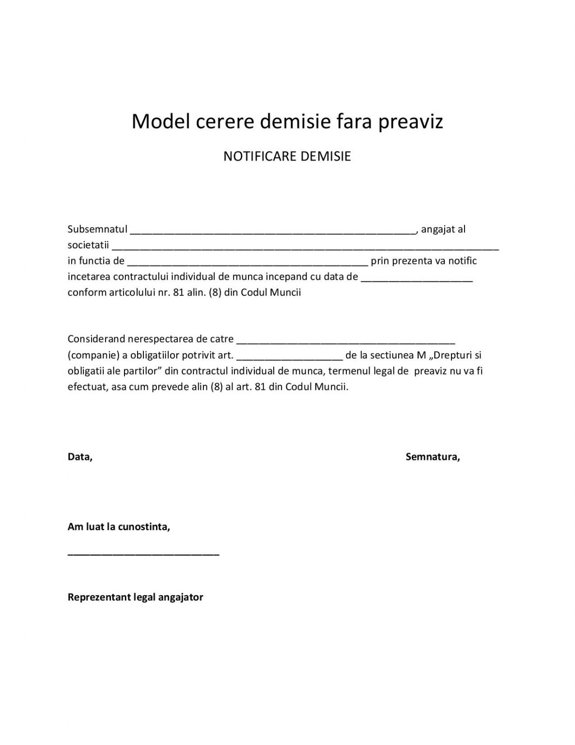 Cerere de demisie cu preaviz sau fara: model, cum o redactezi