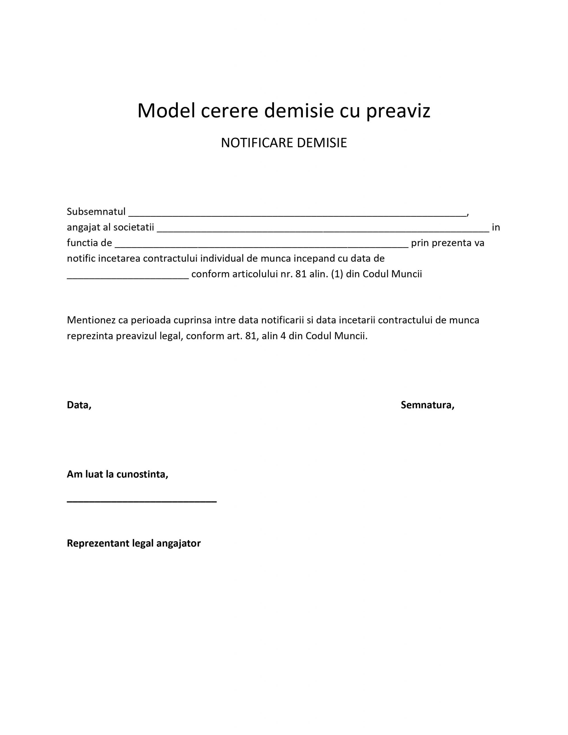 Cerere de demisie cu preaviz sau fara: model, cum o redactezi