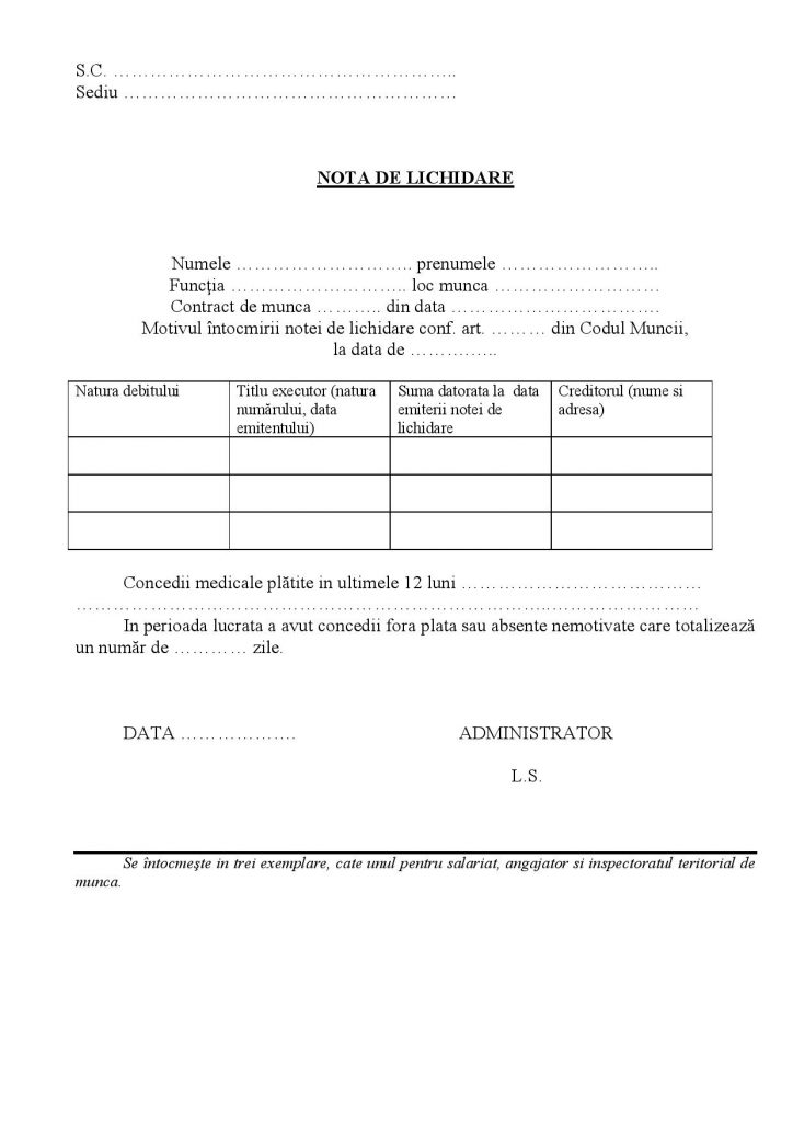 Totul despre nota de lichidare : Rol, cine o foloseste, model